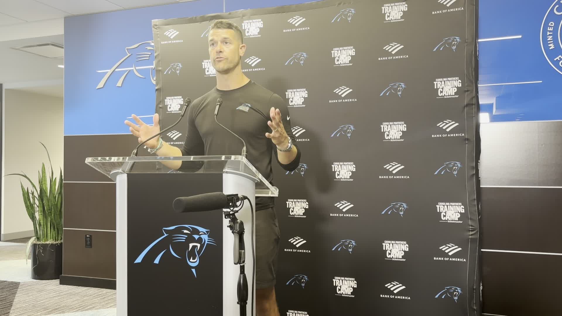 Carolina Panthers head coach Dave Canales speaks after Day 2 of ...